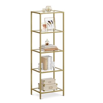Vasagle Regal mit 5 Ablagen, Badregal, gehärtetes Glas, einfache Montage, für Badezimmer, Wohnzimmer, Küche, Büro, transparent-metallisches Gold LGT029A01