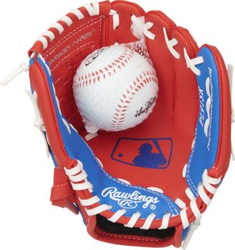 Rawlings Players Series Jugend-Tball-/Baseball-Handschuh mit Ball, rechte Hand, Rot/Blau, 22,9 cm (Alter 3-5)