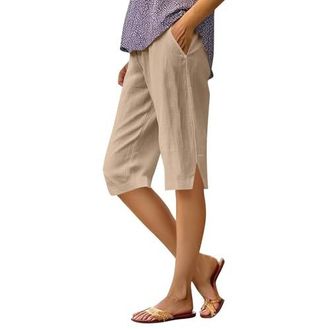 Generic Jupe-short d&eacute;t&eacute; en lin m&eacute;lang&eacute; pour femme, longueur genou, taille &eacute;lastique, jambes larges, avec poches et fentes lat&eacute;rales, pantalon court d&eacute;contract