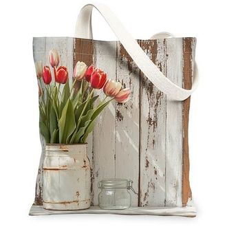 Generic Sac fourre-tout en toile de tulipe printani&egrave;re pour faire du shopping, 33 x 38,1 cm, motif floral rustique, sac d&eacute;picerie r&eacute;utilisable, sac d&eacute;picerie 