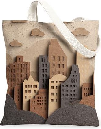 Generic Sacs fourre-tout modernes en toile, motif paysage urbain, sacs dépicerie réutilisables, légers et lavables en toile pour Tr, marron, 13x15 Inch