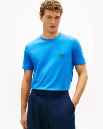 Tommy Hilfiger Glattes T-Shirt aus Baumwolle mit Monogramm-Stickerei, Regular Fit in