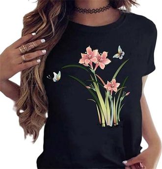 Keephen Papillon avec Fleurs T-Shirt Femmes Esth&eacute;tique Papillon Impression 3D T-Shirt Manches Courtes Col Rond Streetwear Dames &Eacute;t&eacute; Mignon Tops
