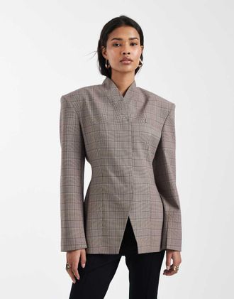 Asos Hochgeschlossener, grau karierter Blazer im Wickeldesign-Bunt