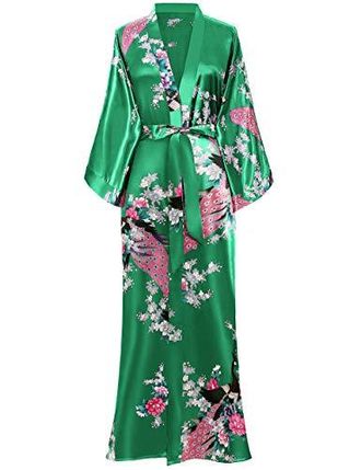 Babeyond Robe de chambre très longue en satin pour femme, kimono dété à motif floral, long peignoir kimono imprimé, pour soirée pyjama entre filles, vert, tail