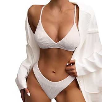 Generic Maillot de bain 2 pi&egrave;ces pour femme triangle push-up rembourr&eacute; taille haute maillot de bain gainant plage bas de bikini femme, blanc, S