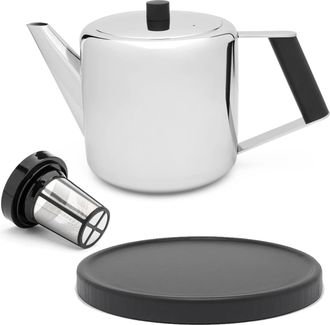 Bredemeijer Teekanne Set 1.1 Liter - Edelstahl doppelwandig Silber - Großer moderner Teebereiter mit Tee-Filter-Sieb-Aufsatz für losen Tee - inkl. Holz-Untersetze