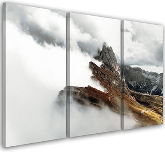 Feeby 3-teilig Leinwandbild XXL 120x80 cm Berggipfel Berge Felsen Wandbild Kunst Bilder Schlafzimmer Deko Wohnzimmer Nebel Grat Die Wolken Grau