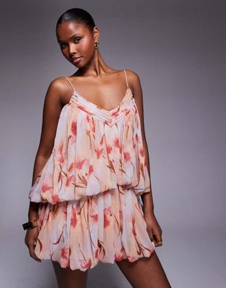 Asos Robe caraco courte &agrave; nervures et double ourlet boule - Imprim&eacute; fleurs abstrait-Multicolore