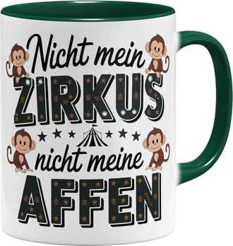 OM3 lustige Kaffee-Tasse mit Spruch - Nicht mein Zirkus nicht meine Affen - Zirkuszelt Äffchen - Statement Bürotasse IV - Keramik Becher - 325ml - Beidsei