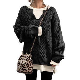 Generic Pull en tricot épais pour femme, pull à col en V à manches longues pour lautomne et lhiver, Noir, M