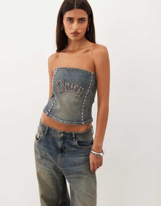 Juicy Couture Corsagenoberteil aus Denim mit Nieten und Logo als Set in hellblauem Denim