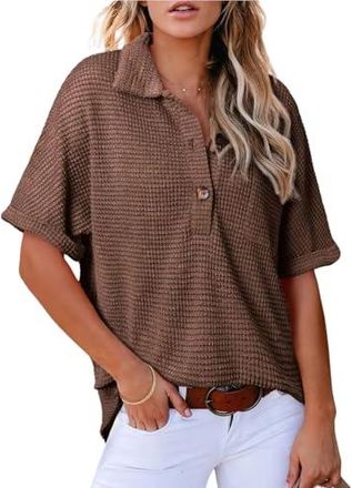 Generic Tunique Henley &agrave; manches courtes en tricot gaufr&eacute; pour femme, avec poche et col en V, caf&eacute;, XXL