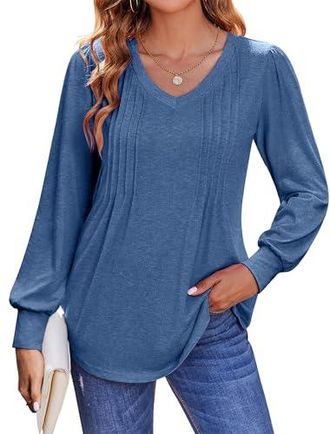 Zeagoo Haut à manches longues bouffantes pour femme - Col en V - Couleur unie - Élégant - Décontracté, bleu marine, XL