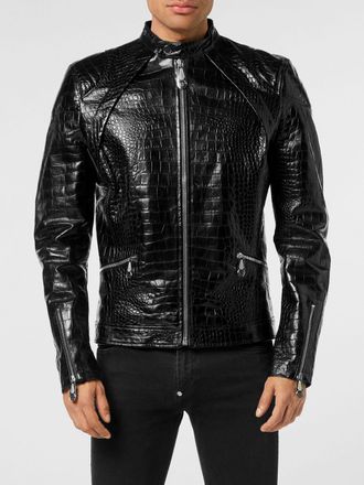 Philipp Plein Blouson biker coupe slim en cuir de veau &agrave; imprim&eacute; crocodile