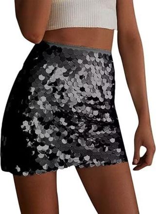 Generic Jupe courte d&eacute;contract&eacute;e &agrave; paillettes taille haute coupe ajust&eacute;e pour femme Longueur midi, Noir, XL