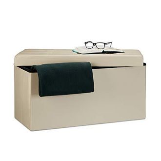 Relaxdays Banc de rangement pratique en simili cuir, 2 places, capacité de charge 300 kg, HLP : 38 x 76 x 38 cm, Crème
