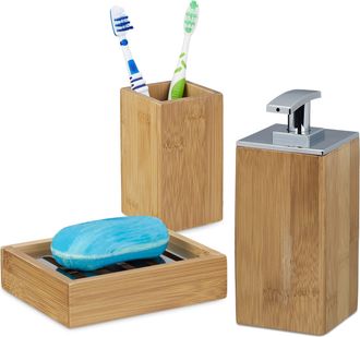 Relaxdays 3 teiliges Badgarnitur Set aus Bambus, Seifenspender nachfüllbar, Seifenschale Seifenablage, Zahnputzbecher eckig, Natur
