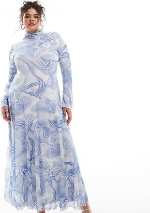 Asos Curve ASOS DESIGN Curve - Robe trap&egrave;ze longue en tulle &agrave; imprim&eacute; abstrait avec manches longues et col montant - Bleu-Multicolore