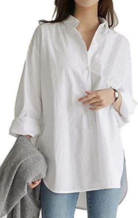 TOMWELL Femme Chemisier Blanche Tops Col en V Couleur Unie Chemisier Bouton Décontracté à Manches Longues pour Femmes Casual Lâche Blouse Elegant Chemise de B