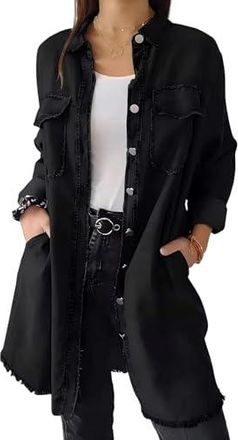 Generic Chemises longues en jean &agrave; manches longues pour femme - Veste en jean d&eacute;contract&eacute;e en coton - Tenue dautomne, Noir, XXL