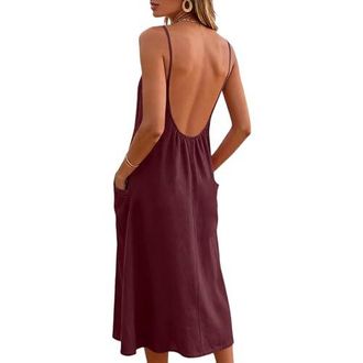 Generic Robe d&eacute;t&eacute; l&eacute;g&egrave;re mi-longue &agrave; bretelles spaghetti et dos profond pour femme, robe trap&egrave;ze d&eacute;contract&eacute;e boh&egrave;me pour femme, en coton doux, sans manches, 