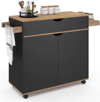 IDMarket Desserte de cuisine cosy xxl placard avec tiroir noir et plateaux façon hêtre L.90 cm