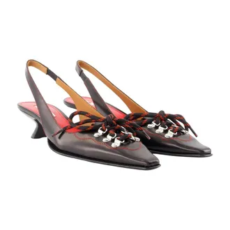 Marni Calfskin Leather with Chain Detail Slingback Heel - Black