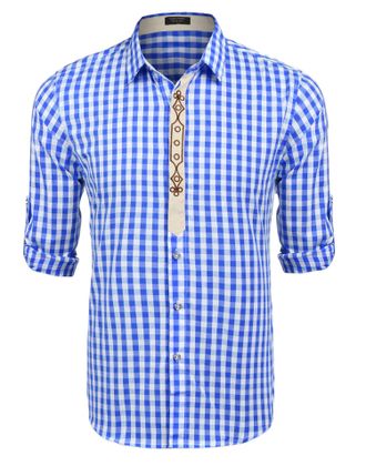 Coofandy Herren Trachtenhemd Oktoberfest Hemd Langarm Regular Fit Karohemd Freizeithemden Bayrisches Hemd M&auml;nner Trachten Hemden Festhemd Trachtenshirt Blau 3X
