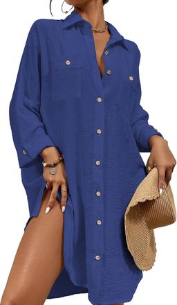 Bsubseach Sommer Strandkeid f&uuml;r Frauen Button Down Strand Shirt Kleid Badeanzug Cover Up V-Ausschnitt Strandponcho Bademode Resort Wear Dunkelblau XL