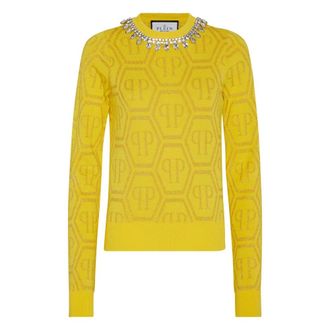 Philipp Plein Femme, Pulls, Jaune, Taille: 38 FR Pullover Round Neck Monogram