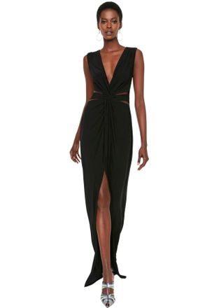 Trendyol Frau Maxi Wickelschnitt Regular Webstoff Abendkleid und Abschlusskleid - Schwarz