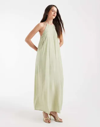 Object Robe longue dos nu textur&eacute;e &agrave; broderies - Vert sauge