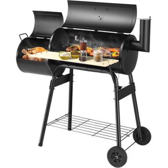 Costway Costway - Holzkohlegrill mit Deckel, Grillwagen mit R&auml;dern, Seitenfeuerbox, Seitentisch, Regal, Holzgriffen, Thermometer, Holzkohle Grill f&uuml;r