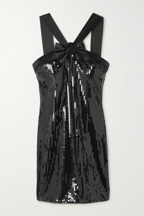 Alessandra Rich Minikleid Aus Chiffon Mit Pailletten, Bes&auml;tzen Aus Seidensatin Und Schleife - Schwarz