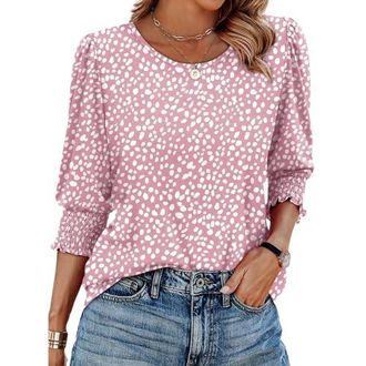 Generic Frontaley Chemisier habill&eacute; d&eacute;contract&eacute; &agrave; manches 3/4 avec poignets smock&eacute;s, haut d&eacute;contract&eacute; &agrave; col rond pour femme, Rose &agrave; pois, 3XL