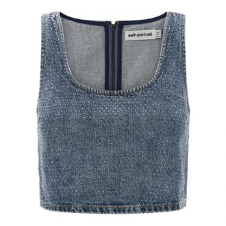 Self Portrait Rhinestone Denim Crop Top - - Tops - Damen - Blau - 2XS