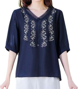 Generic T-shirt en lin brod&eacute; pour femme - Coupe ample - Manches courtes - Haut l&eacute;ger - Grande taille, Marine, 4XL