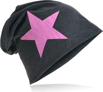 Miobo Jersey Slouch Beanie mit Stern Style, Herren Damen,Einheitsgr&ouml;&szlig;e,PinkStern-Anthrazit