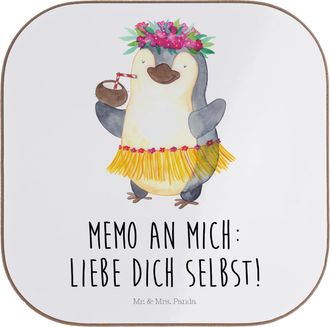 Mr. & Mrs. Panda Coaster Pinguin Kokosnuss - Geschenk, Hawaii, Tischschoner, Untersetzer Glas, Urlaub, gl&auml;seruntersetzer, Ferien, Holzuntersetzer, f&uuml;r Gl&auml;ser