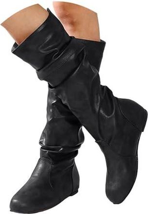 Generic Bottes mi-mollet pour femme - Souples et souples - Talon bas - Sous le genou - Chaussures plates - À enfiler - Pour lautomne, Noir, 38.5 EU