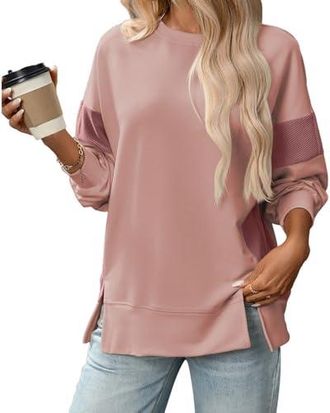 Generic Sweat-shirt d&eacute;contract&eacute; surdimensionn&eacute; &agrave; col rond avec manches textur&eacute;es, &eacute;paules tombantes et fente lat&eacute;rale pour femme, rose, XXL