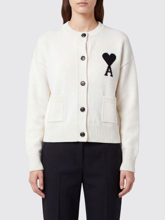 Ami Cardigan aus roter Wolle mit Rundhalsausschnitt und gesticktem Kontrast-Logo