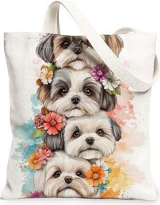 Generic Sac fourre-tout en toile motif chien Shih Tzu pour le shopping 33 x 38,1 cm, sac &agrave; bandouli&egrave;re r&eacute;utilisable avec motif floral pour femme, peinture dan