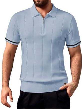 Generic Polo l&eacute;ger et respirant pour homme, coupe classique, d&eacute;contract&eacute;, vintage, boutonn&eacute;, confortable, extensible, t-shirts dext&eacute;rieur, bleu ciel, XXL