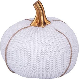 Villa D'Este Home Tivoli Dekorativer wei&szlig;er K&uuml;rbis aus Stoff, Wollgarn-Optik, goldfarben, &Oslash;18 x H 21 cm, Medium