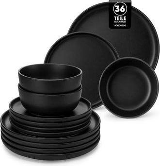VANCASSO S&eacute;rie PLAYA Service de Table 12 Personnes, Set Vaisselle Noir en Gr&egrave;s 36 Pi&egrave;ces - 12 Assiettes Plates, 12 Assiettes &agrave; Dessert et 12 Bols - Adapt&eacute; au L