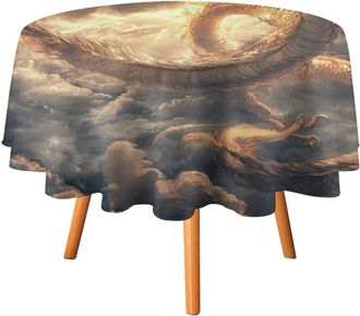 AOOEDM Tischdecken mit Drachenmotiv, rund, 91,4 cm, Aquarell, mythologisches Thema, abstrakte Wolken, Sonnenuntergang, Fliegender Goldener Drache, Tischdecke