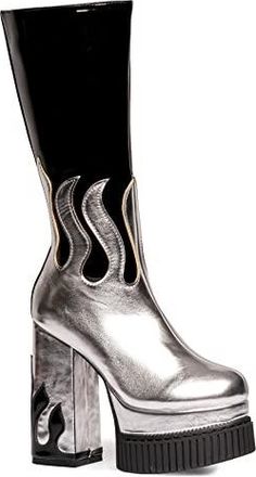 Lamoda Show Off, Mid Calf Bateau Femme, Black Patent Silver PU Flame, 40 EU