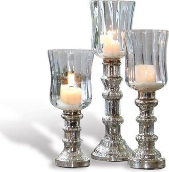 Loberon Windlicht Set Fréjeville | Deko Windlichter Für Kerzen | Aus Mundgeblasenem Glas | Elegante Pokalform | Unterschiedliche Größen | 3 Stück, klar/Silber